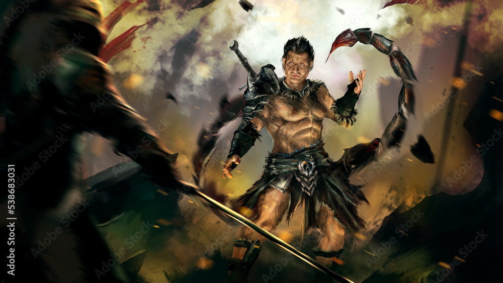 Epic scorpion warrior fights on the battlefield surrounded by enemies ...
