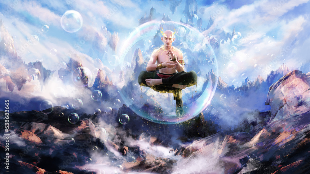 Illustrazione Stock A meditating monk in a prayer pose in a soap bubble ...