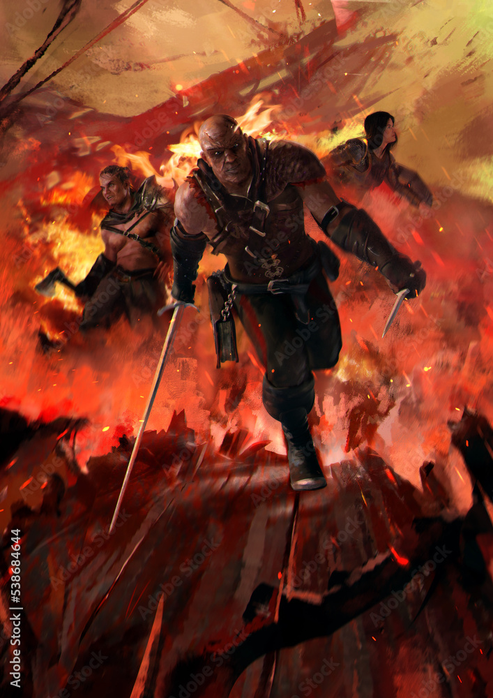 A group of assassins escapes from the red raging flames. a warrior ...