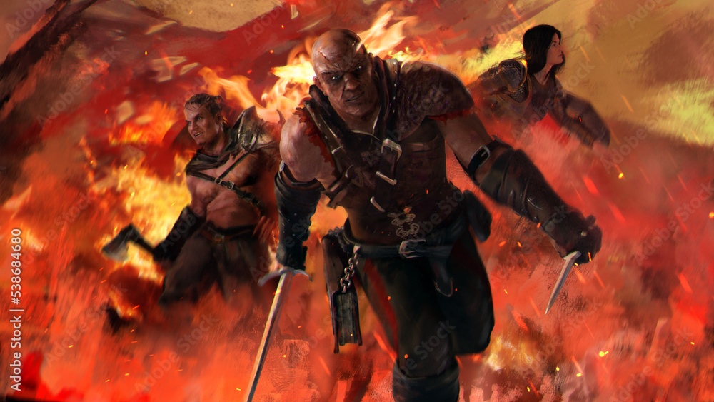 A group of assassins escapes from the red raging flames. a warrior ...