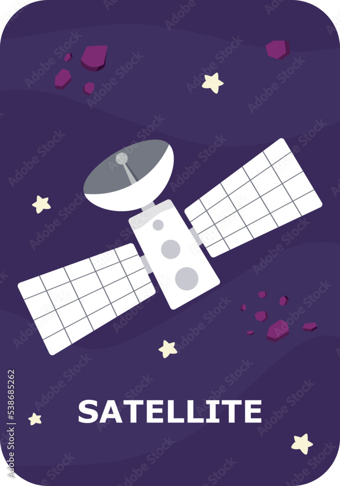 Satellite. Space flashcards for kids. Vector illustrations of solar ...