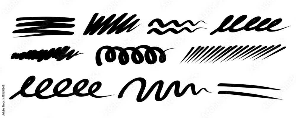 Hand drawn marker line stroke underline set. Highlight underline and ...