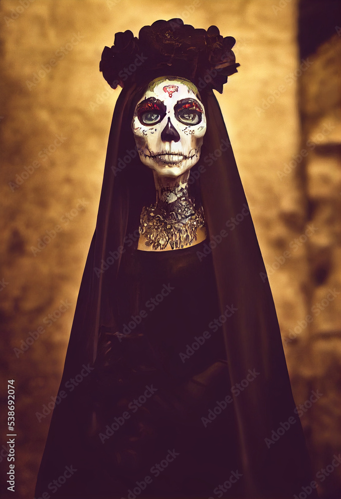Parca. Huesuda Catrina de día de muertos. Retrato de catrina. Mujer con ...