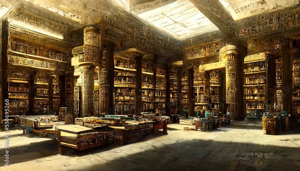 Ancient fundamental majestic Egyptian library, ancient books, papyri ...