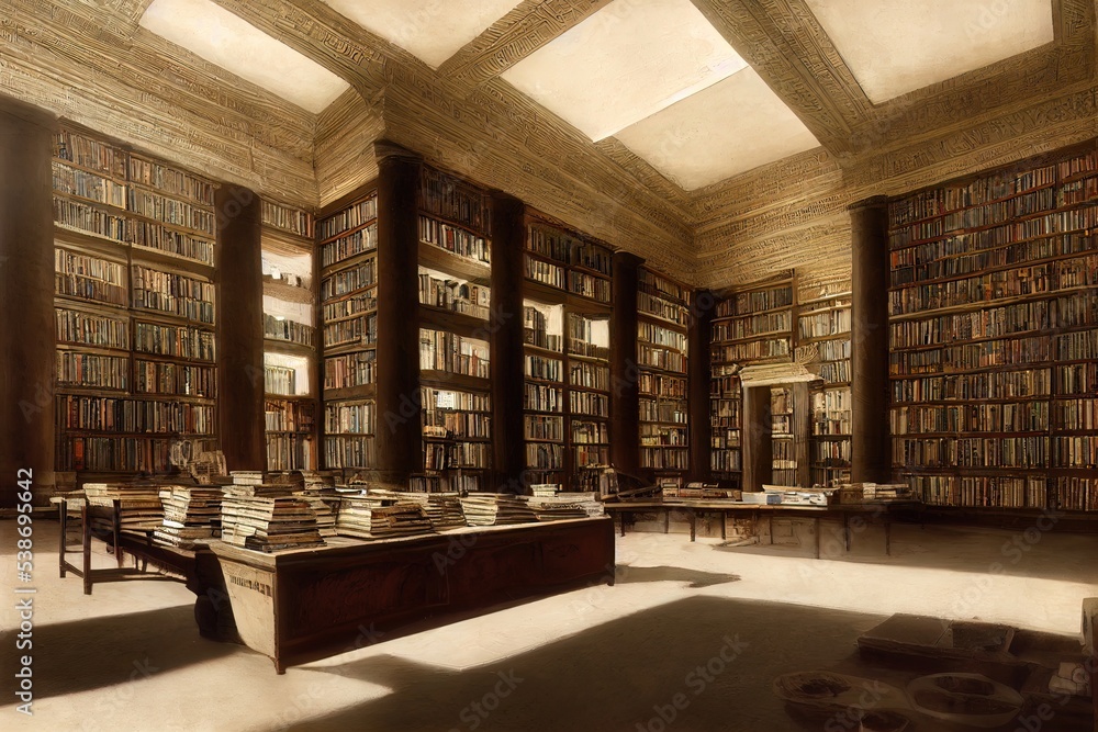Ancient fundamental majestic Egyptian library, ancient books, papyri ...