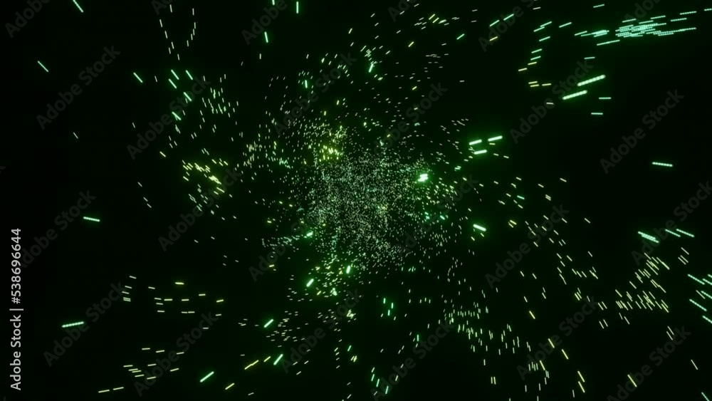 Dark background. Motion.Green flying particles in cartoon animation ...