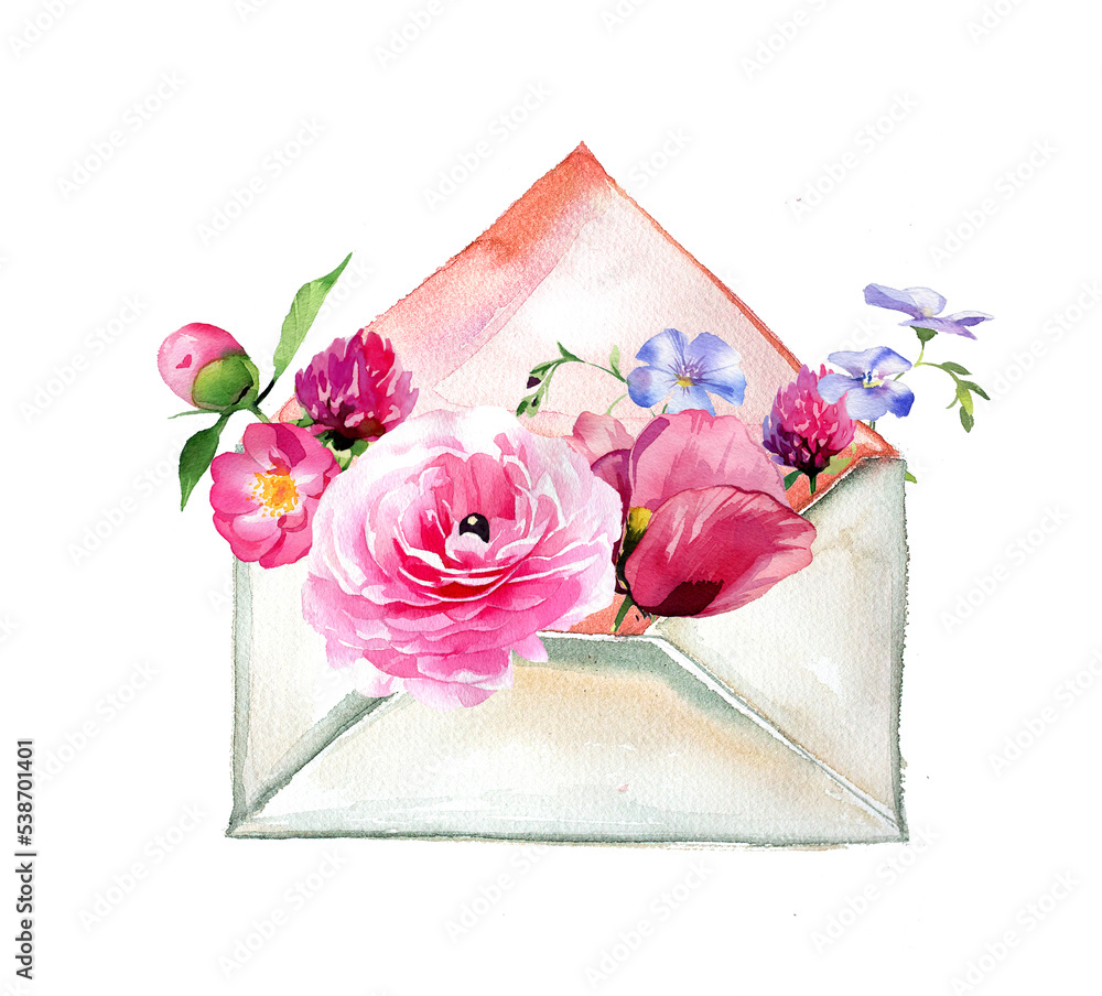 Rustic vintage envelope with flowers - watercolor illustration. Hello ...