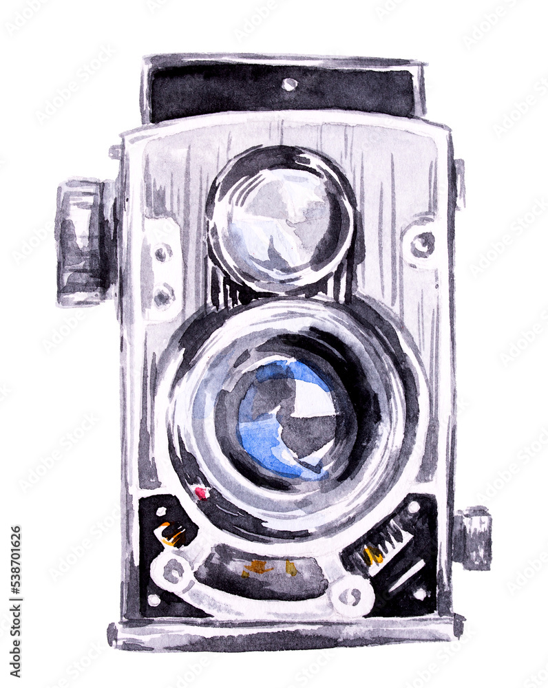 Old camera illustration. Watercolor vintage photo camera design ...