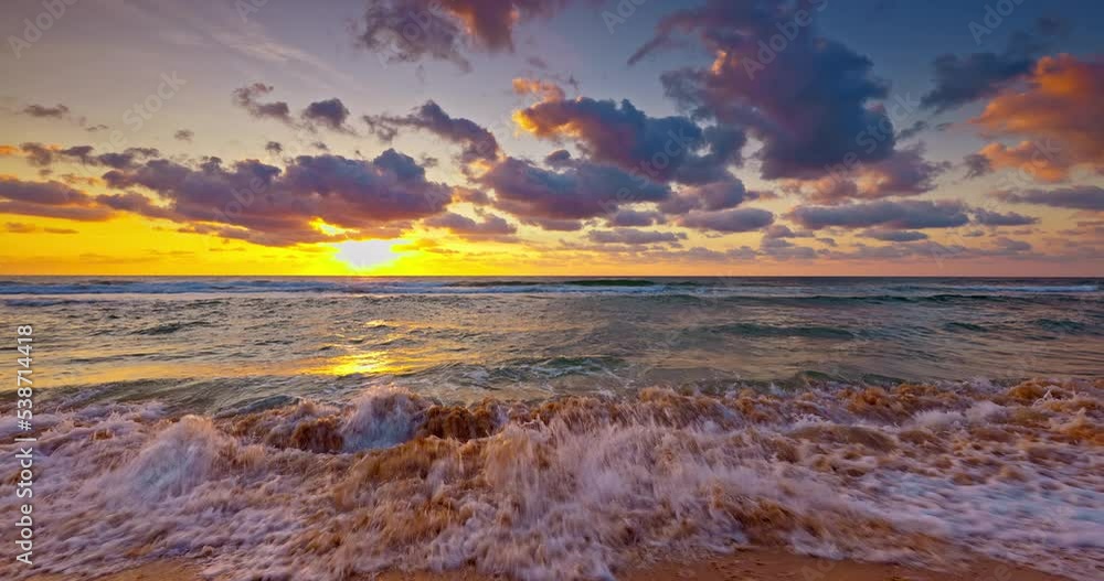 Tropical island beach and scenic ocean sunrise with colorful sky clouds ...