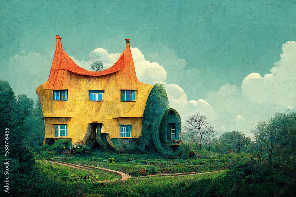 Magic yellow house in forest. A place where magical creatures live ...