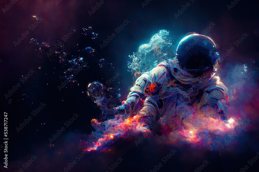 Astronaut floating in space. Colorful galaxy. Astronaut in outer space. AI created a digital art ...