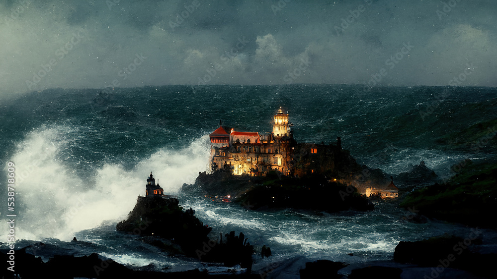 Castle. Sea Storm and Cloud. Castle on the Hill. AI created a digital ...