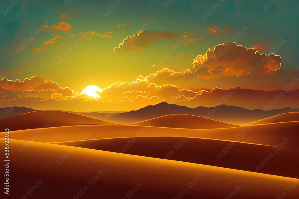 Realistic banner bright orange coastline sky with sun and sunbeam. 2d ...