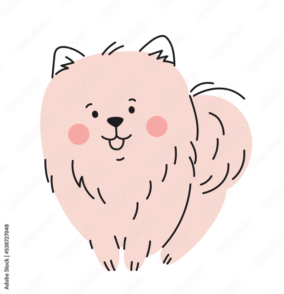 Pink cute doodle dog. Fluffy and charming puppy stands. Minimalistic ...