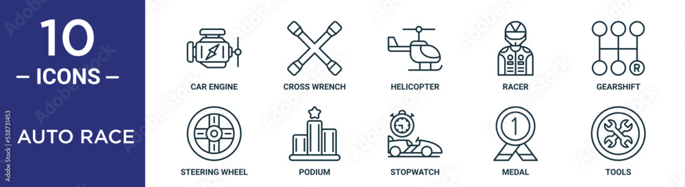 auto race outline icon set includes thin line car engine, cross wrench ...