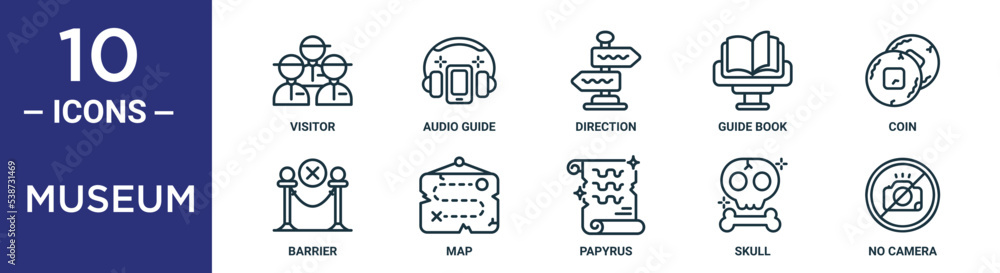 museum outline icon set includes thin line visitor, audio guide ...