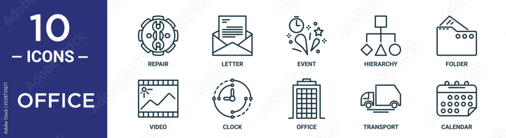 office outline icon set includes thin line repair, letter, event ...