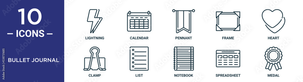 bullet journal outline icon set includes thin line lightning, calendar ...