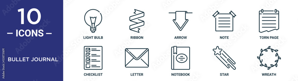 bullet journal outline icon set includes thin line light bulb, ribbon ...