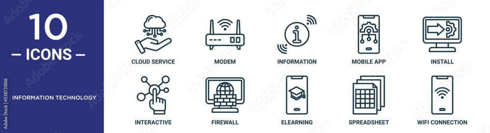 information technology outline icon set includes thin line cloud ...