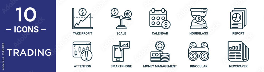 trading outline icon set includes thin line take profit, scale ...