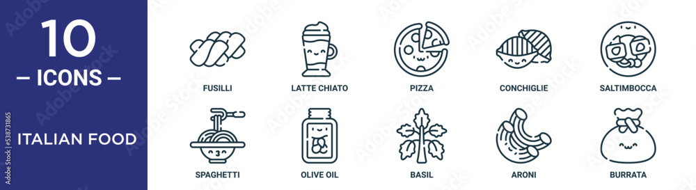 italian food outline icon set includes thin line fusilli, latte chiato ...