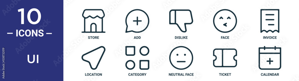ui outline icon set includes thin line store, add, dislike, face ...