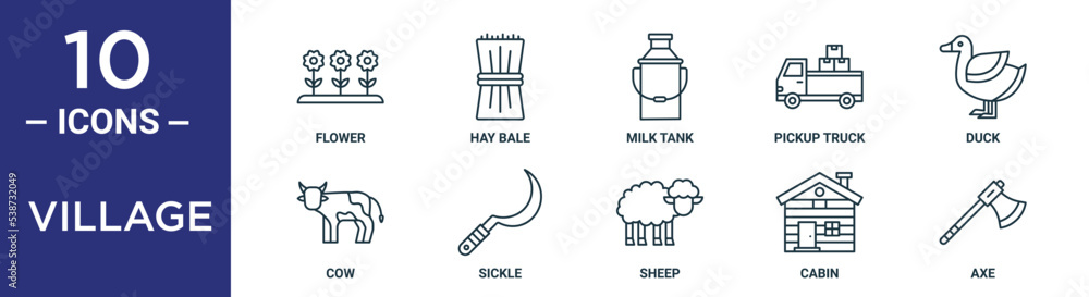 Vetor de village outline icon set includes thin line flower, hay bale ...