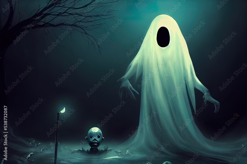 Scared boy seeing and facing horror crawling ghost above him at dark ...