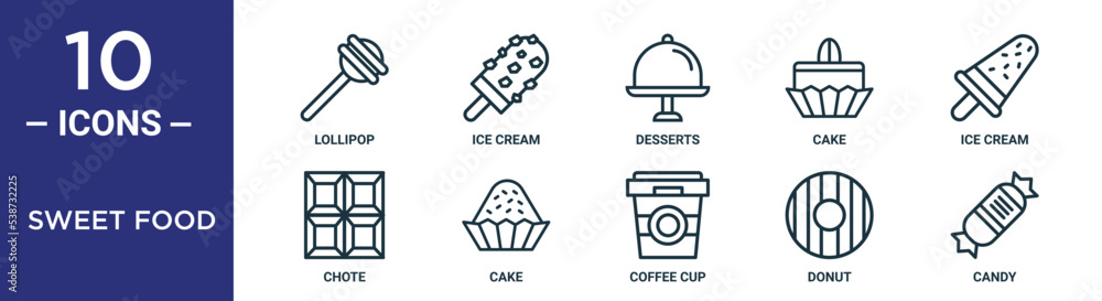 sweet food outline icon set includes thin line lollipop, ice cream, desserts, cake, ice cream ...