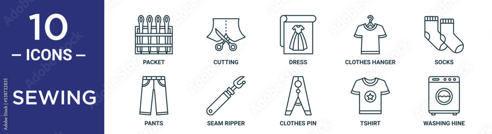 sewing outline icon set includes thin line packet, cutting, dress ...