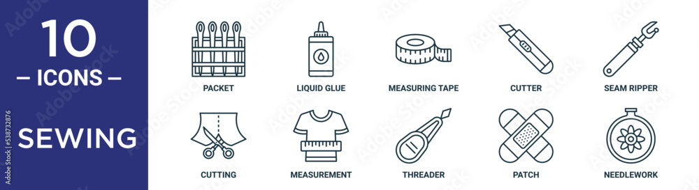 sewing outline icon set includes thin line packet, liquid glue ...