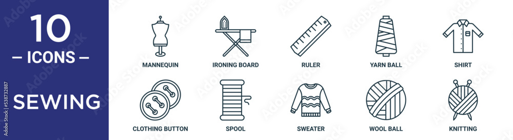 sewing outline icon set includes thin line mannequin, ironing board ...