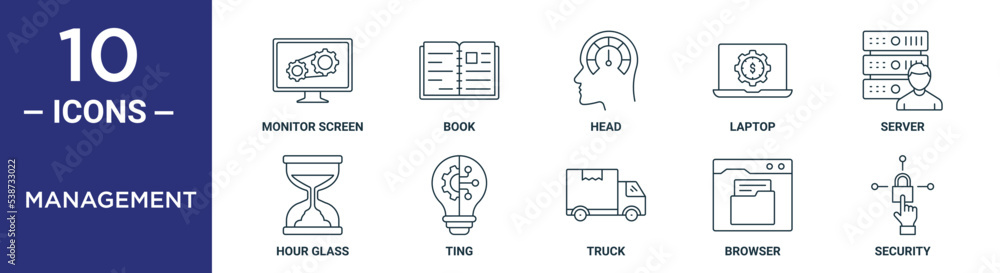 management outline icon set includes thin line monitor screen, book ...