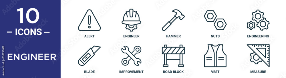 engineer outline icon set includes thin line alert, engineer, hammer ...