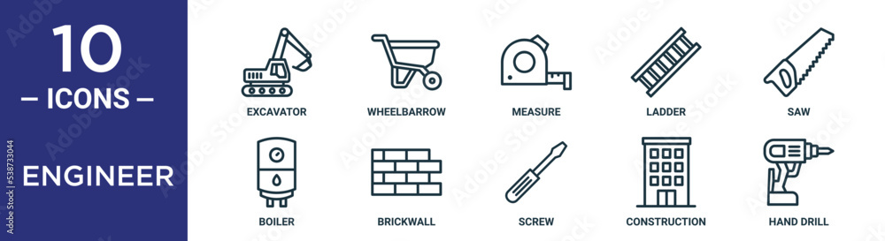 engineer outline icon set includes thin line excavator, wheelbarrow ...