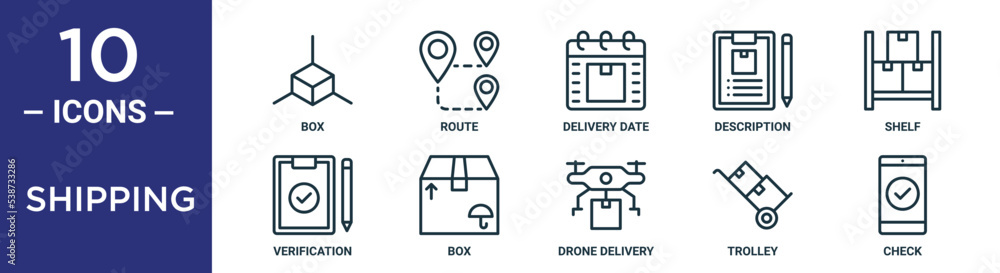 shipping outline icon set includes thin line box, route, delivery date ...