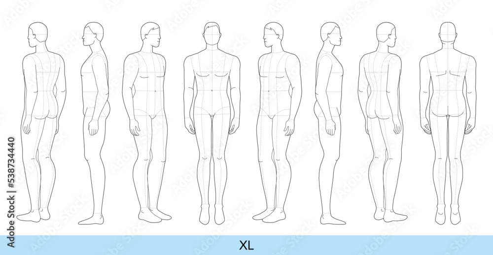 Set of XL Size Men Fashion template extra large 9 head with main line ...