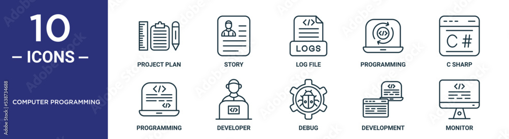 Computer Programming Outline Icon Set Includes Thin Line Project Plan Story Log File