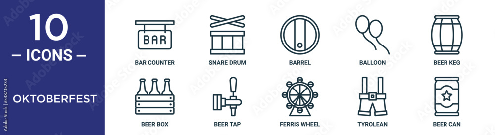 oktoberfest outline icon set includes thin line bar counter, snare drum ...