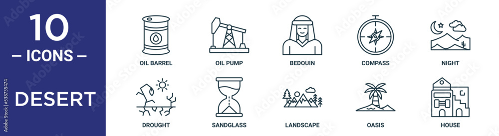 desert outline icon set includes thin line oil barrel, oil pump ...