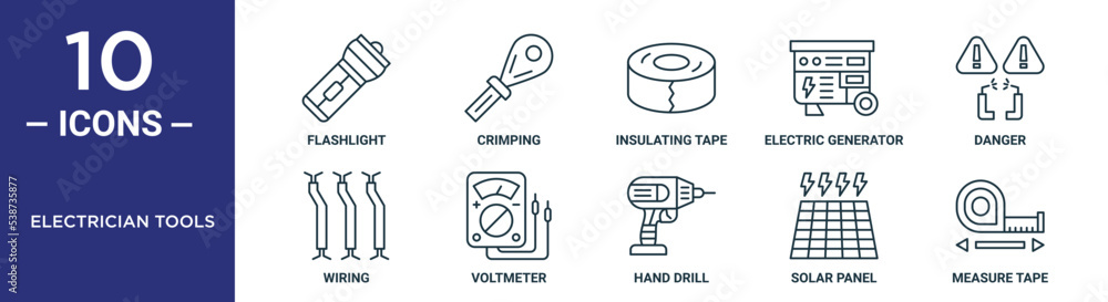 Electrician Tools Outline Icon Set Includes Thin Line Flashlight Crimping Insulating Tape