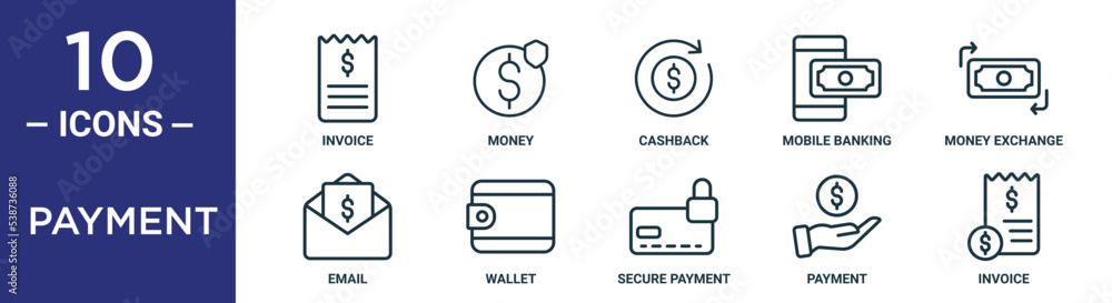 payment outline icon set includes thin line invoice, money, cashback ...