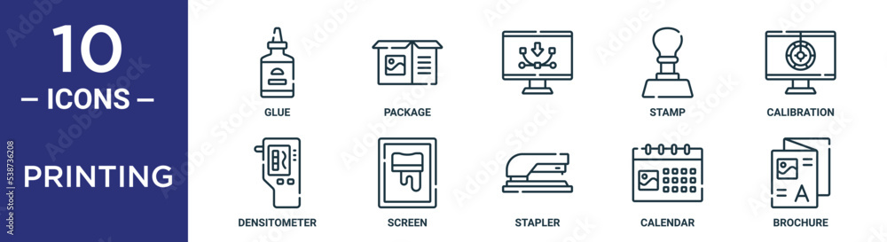 printing outline icon set includes thin line glue, package, , stamp ...