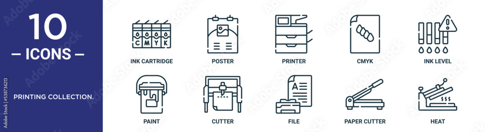printing collection. outline icon set includes thin line ink cartridge ...