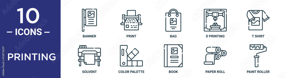 printing outline icon set includes thin line banner, print, bag, d ...