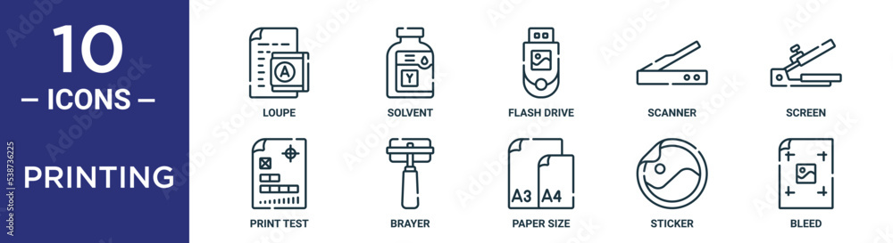 printing outline icon set includes thin line loupe, solvent, flash ...