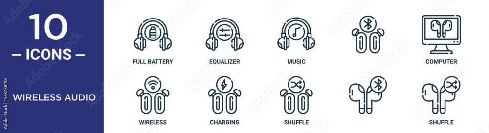 wireless audio outline icon set includes thin line full battery ...