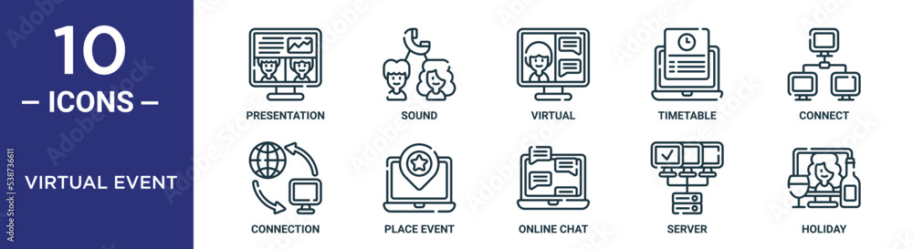 virtual event outline icon set includes thin line presentation, sound ...