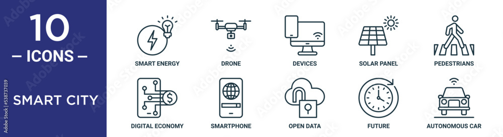 smart city outline icon set includes thin line smart energy, drone ...